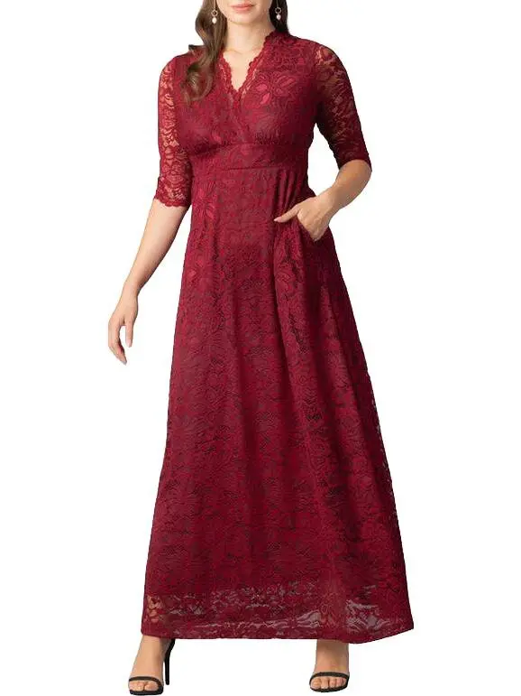 KIYONNA Maria Lace A-line Evening Gown With Pockets - Pinot Noir