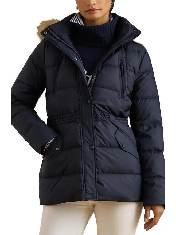 Ralph Lauren Faux Fur Trim Down & Feather Fill Puffer Coat - Dark Navy