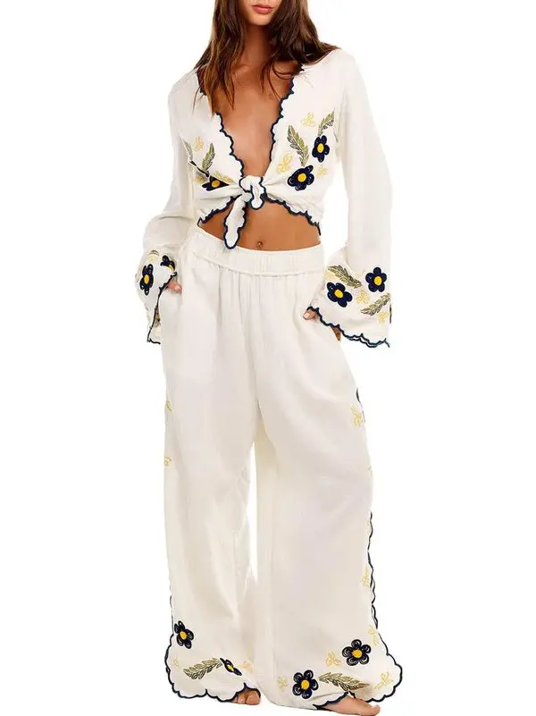 Agua Bendita Embroidered Wide Leg Cover-up Pants - White