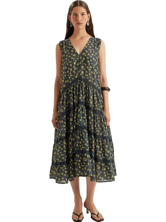 Merlette Wallis Printed Cotton Dress - Lemon Navy Floral Print