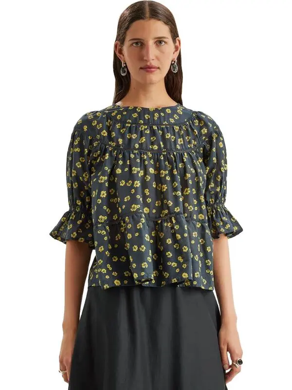 Merlette Floral Print Sol Top - Lemon Navy Floral Print
