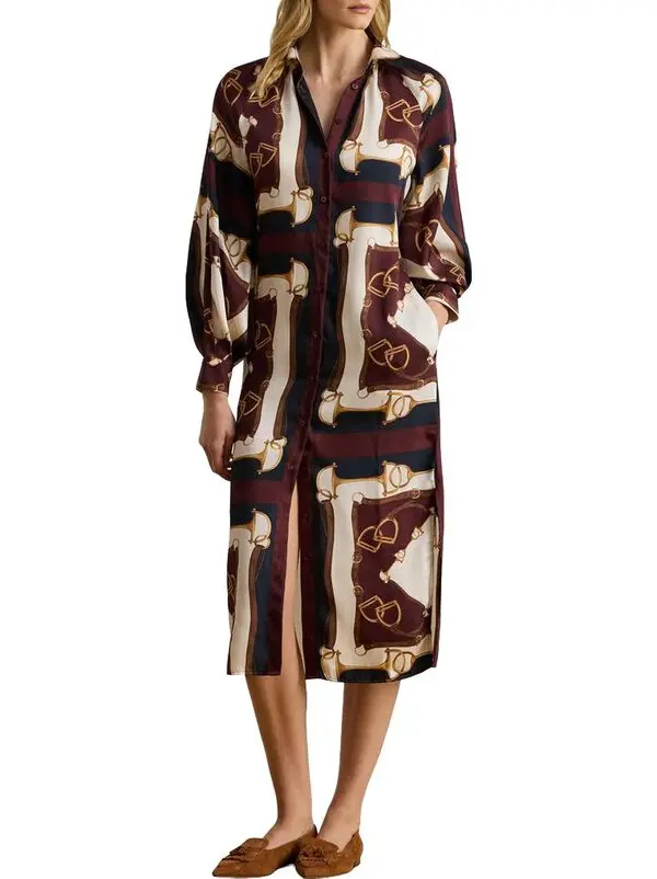 Ralph Lauren Equestrian Print Twill Midi Shirtdress - Brown/navy/cream Multi