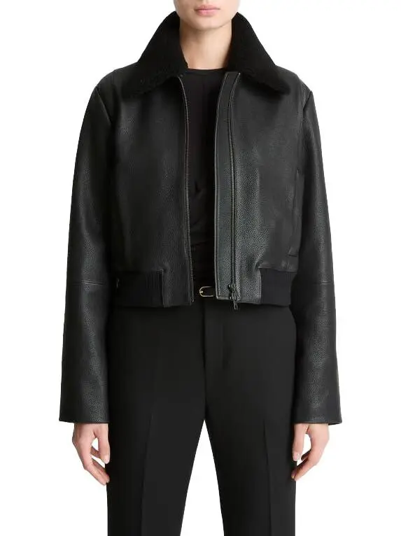 Vince Shrunken Leather Jacket With Genuine Shearling Collar - Black