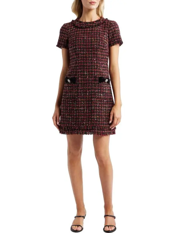 Eliza J Jewel Neck Tweed Sheath Dress - Wine Black