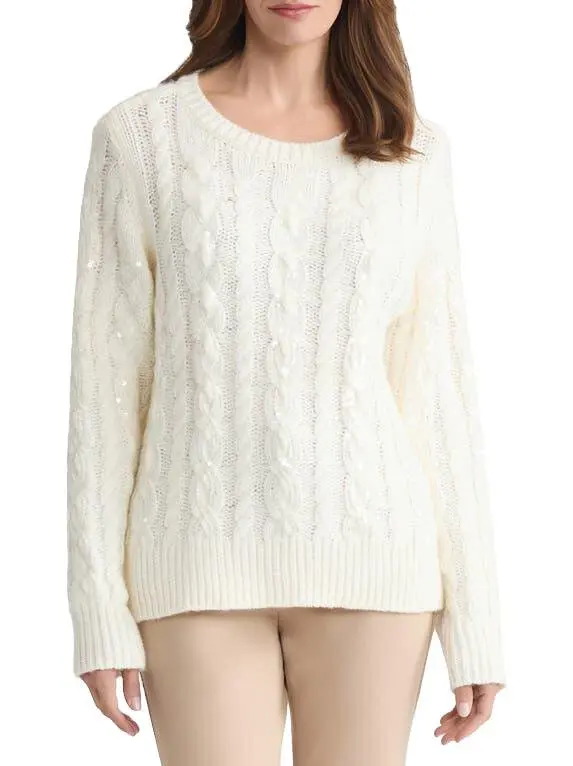 Jones New York Sequin Embellished Cable Knit Sweater - Jones White