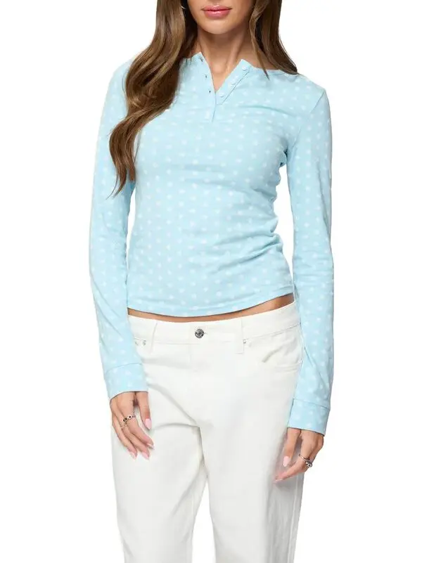 EDIKTED Keana Dot Crop Henley Top - Light-blue