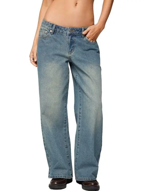 EDIKTED Magda Acid Wash Wide Leg Jeans - Blue-vintage-washed
