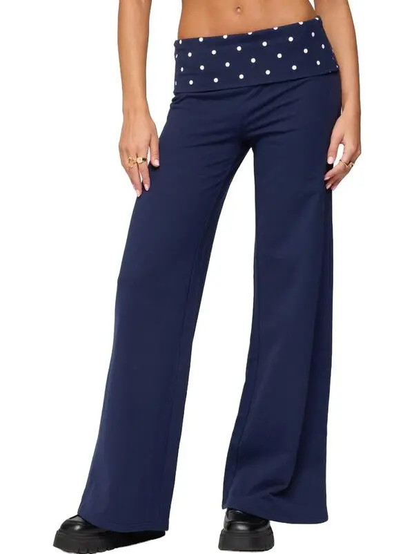 EDIKTED Polka Dot Foldover Wide Leg Pants - Navy