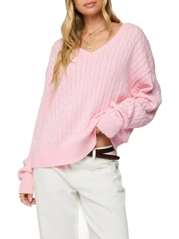 EDIKTED Polly V-neck Cable Knit Sweater - Light-pink