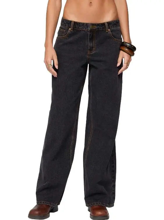 EDIKTED Contrast Stitch Low Rise Wide Leg Jeans - Black-washed