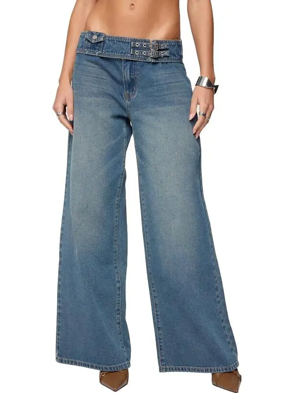 EDIKTED Double Buckle Low Rise Wide Leg Jeans - Blue