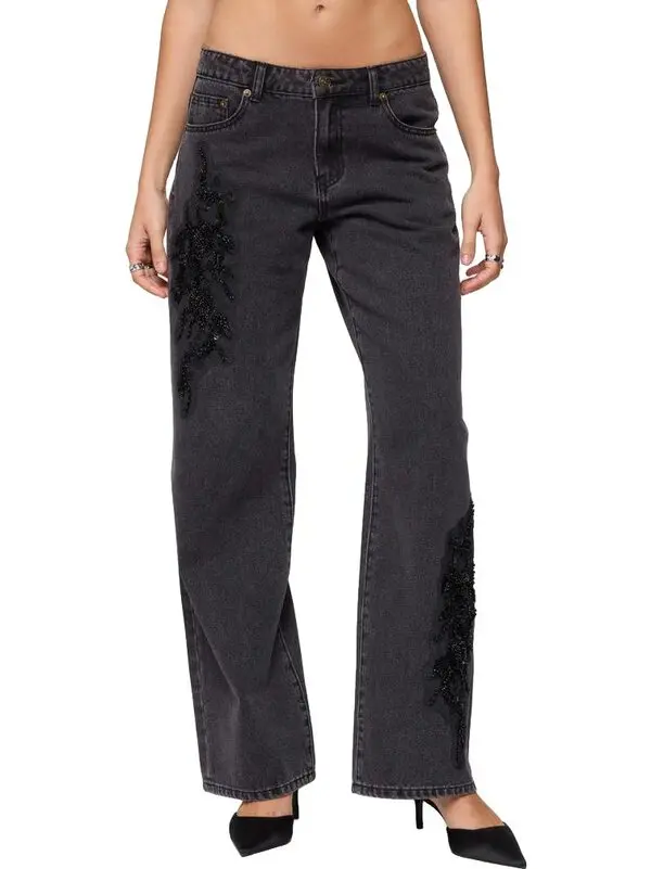 EDIKTED Rossa Beaded Low Rise Wide Leg Jeans - Black-washed