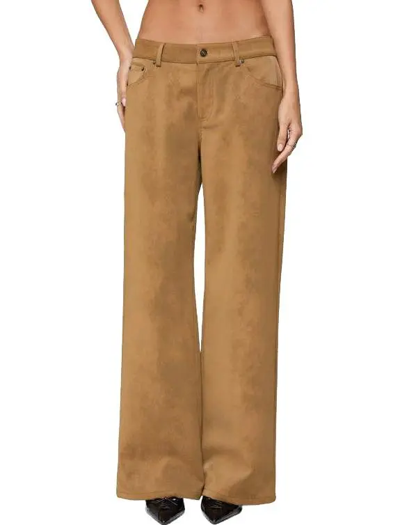 EDIKTED Stacey Low Rise Wide Leg Faux Suede Pants - Brown