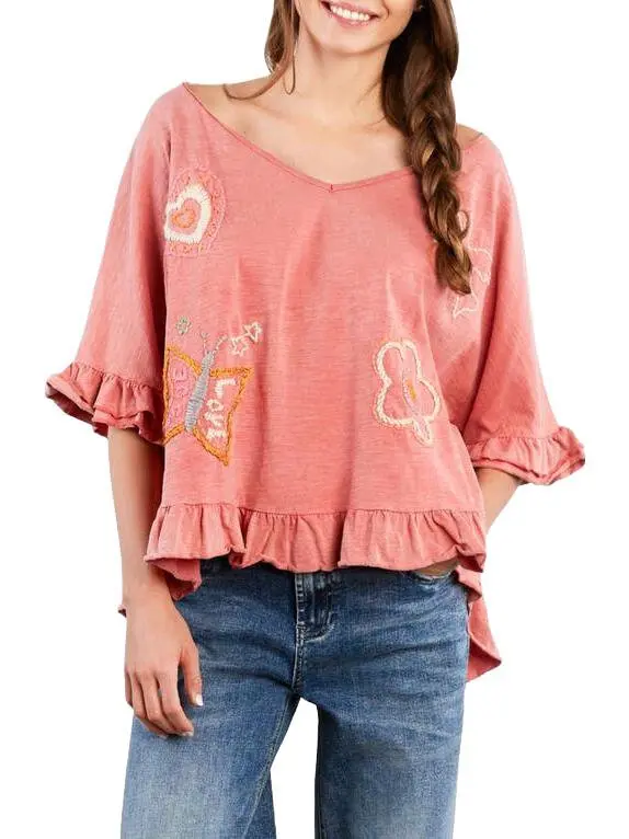 BILLY T Embroidered Ruffle Cotton Top - Peach Tea