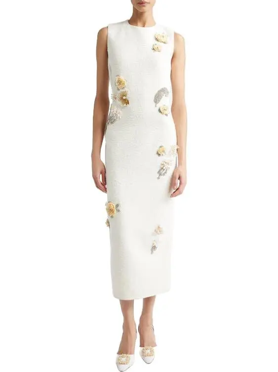 Oscar De La Renta Embroidered Sleeveless Tweed Cocktail Dress - Ivory