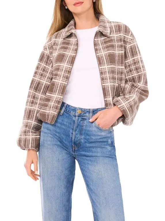 Vince Camuto Plaid High Pile Fleece Bubble Jacket - Stone Khaki