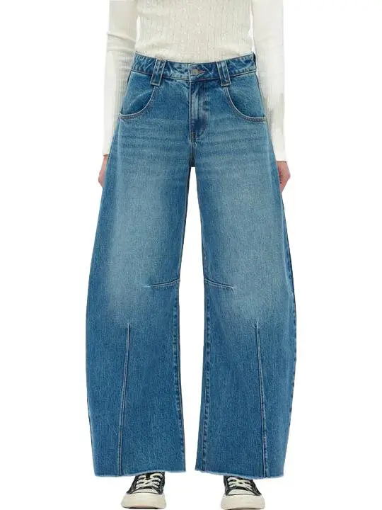 BAYEAS Frayed Barrel Jeans - Medium Blue