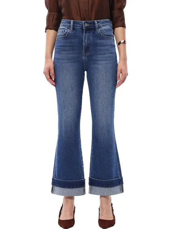 BAYEAS Cuffed High-rise Flare Jeans - Medium Blue