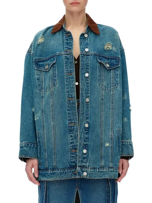 BAYEAS Distressed Denim Trucker Jacket - Retro Medium Blue