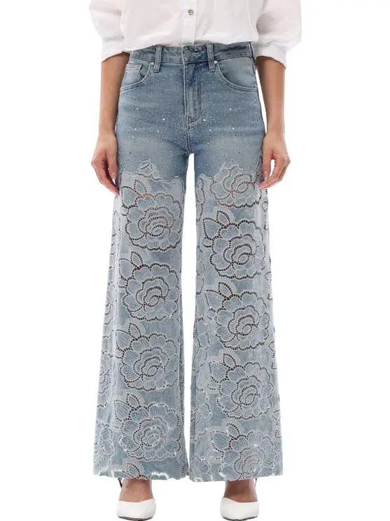 BAYEAS Rhinestone Eyelet Wide Leg Jeans - Retro Light Blue
