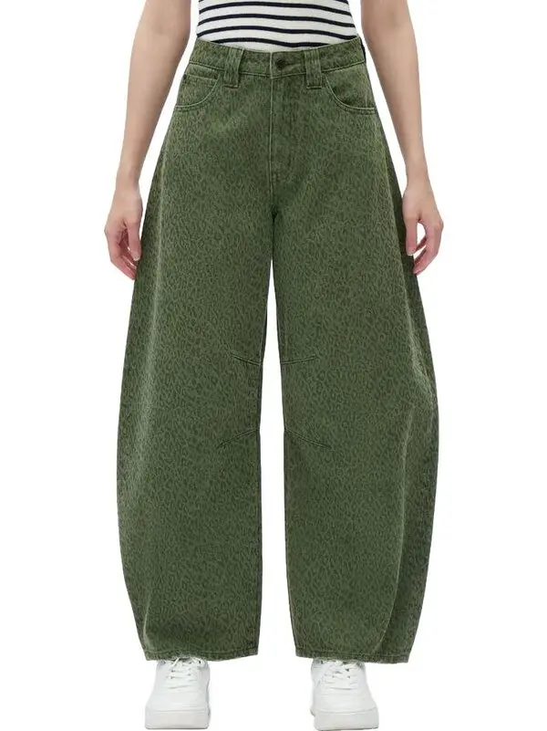BAYEAS Leopard Print Barrel Jeans - Green