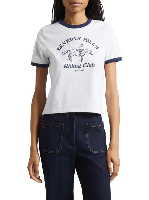 SPORTY & RICH Riding Club Graphic Ringer T-shirt - Heather Gray/dark Navy