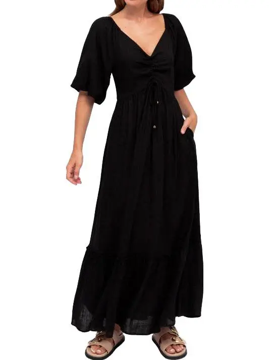 LABEL OF LOVE Puff Sleeve V-neck Maxi Dress - Black