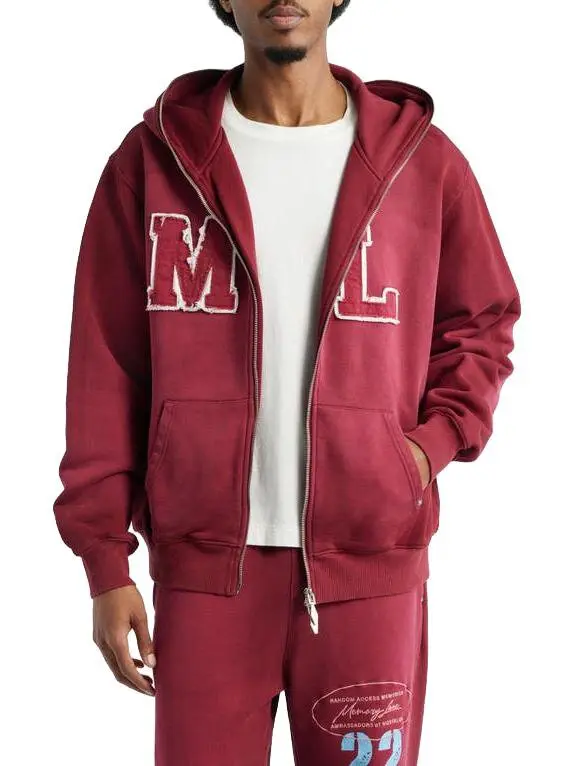 MEMORY LANE Oversized Initial Appliqué Zip Hoodie - Burgundy