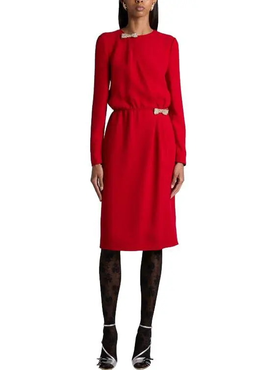 Valentino Garavani Crystal Bow Detail Long Sleeve Silk Cady Couture Dress - Red