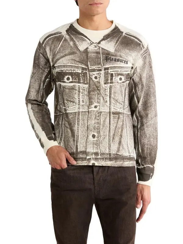 PLEASURES Trucker Trompe L'oeil Print Long Sleeve T-shirt - Bone