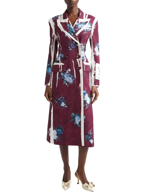 Erdem Abstract Rose Print Double-breasted Hourglass Coat - Abstract Rose Mulberry Red