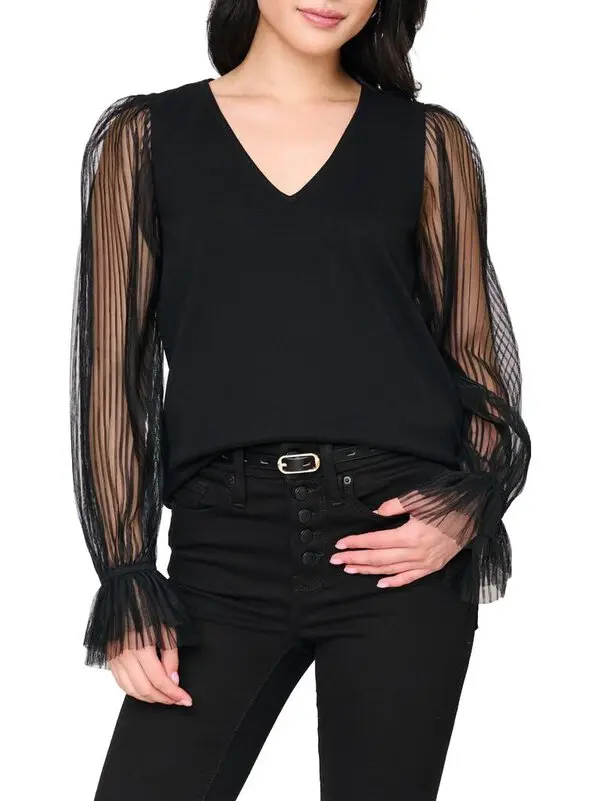 GIBSONLOOK Pleated Bell Sleeve Stretch Cotton Ponte Top - Black