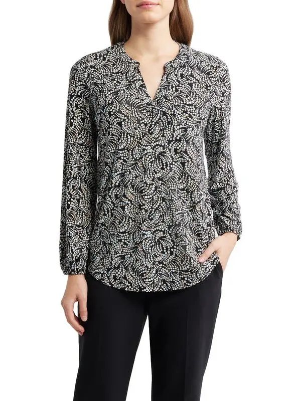 Anne Klein Split Neck Long Sleeve Blouse - Anne Black Multi