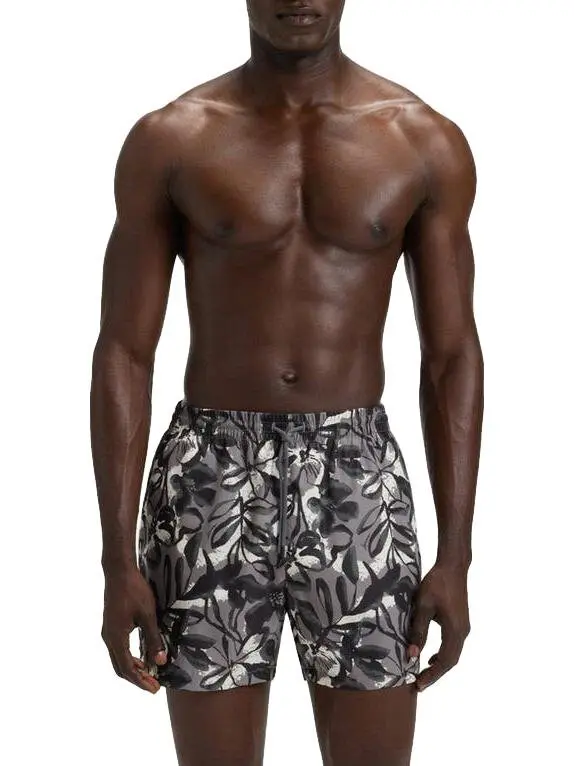 BOSS Floral Print Swim Trunks - Open Grey