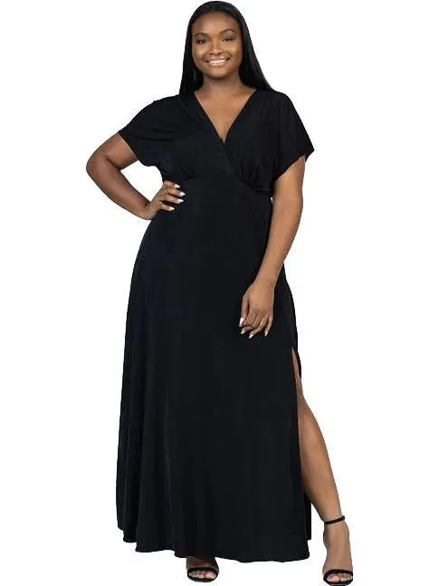24SEVEN COMFORT APPAREL Flutter Sleeve Metallic Knit Maxi Dress - Black