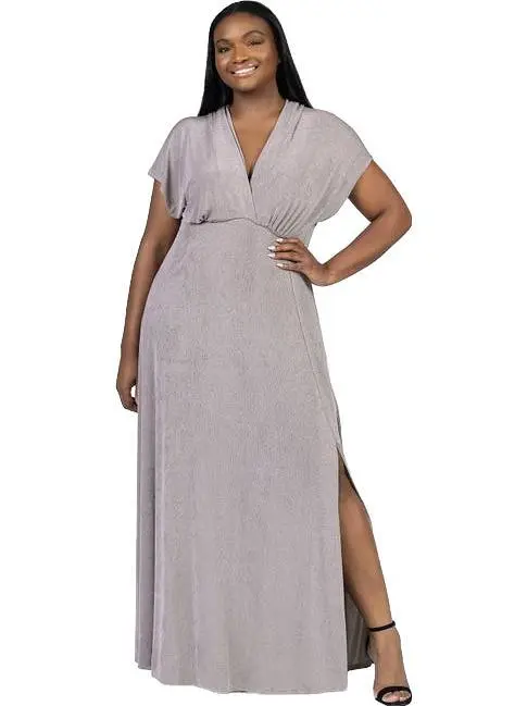 24SEVEN COMFORT APPAREL Flutter Sleeve Metallic Knit Maxi Dress - Grey