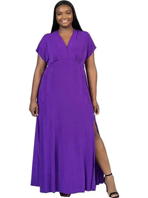 24SEVEN COMFORT APPAREL Flutter Sleeve Metallic Knit Maxi Dress - Purple