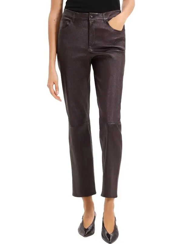 Theory Glossed Leather Straight Leg Pants - Plum Brown