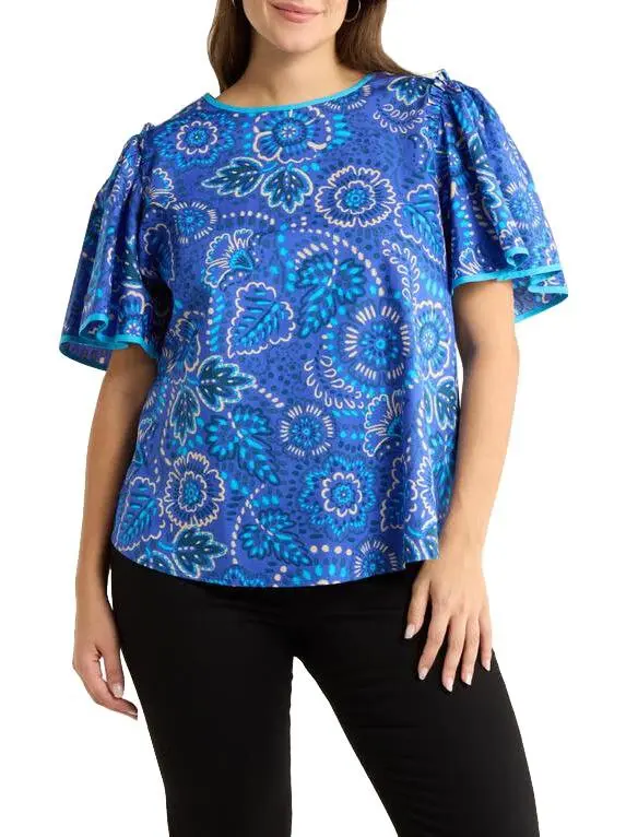 SUGARLIPS Kenner Printed Flutter Sleeve Top - Blue-cream-multi