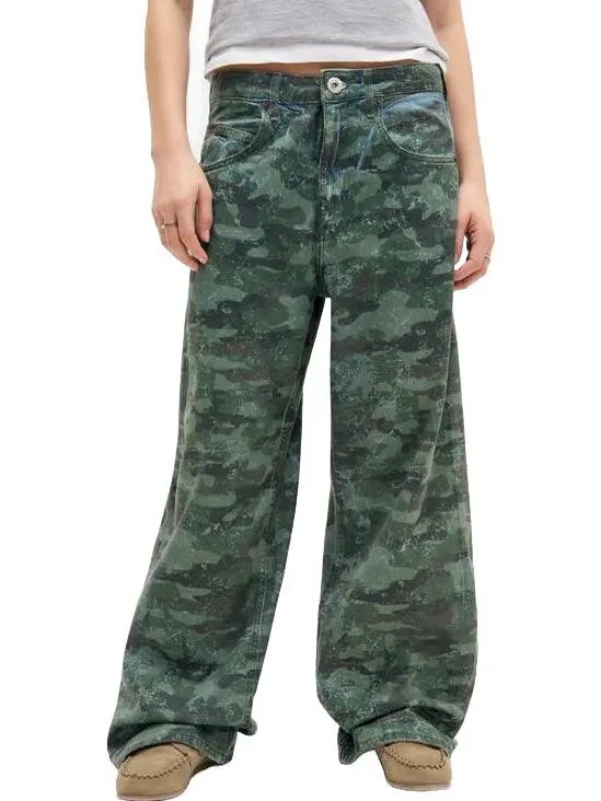 BDG URBAN OUTFITTERS Jaya Camo Low Rise Wide Leg Jeans - Khaki Green