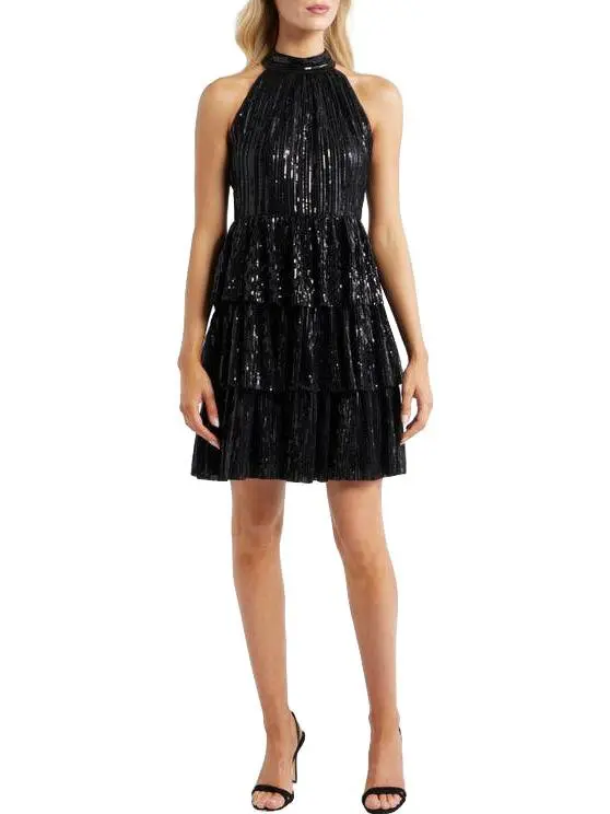 Eliza J Sequin Tiered Halter Party Dress - Black