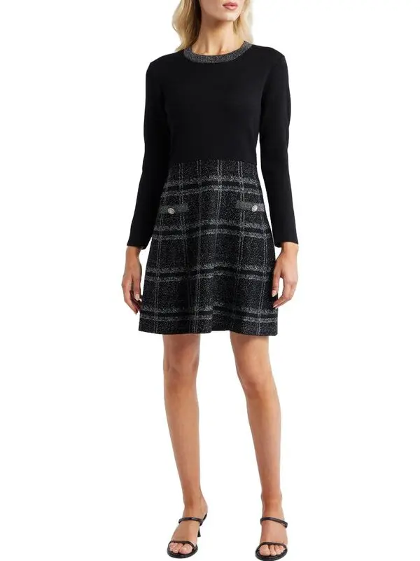 Eliza J Long Sleeve Sweater Dress - Black Silver