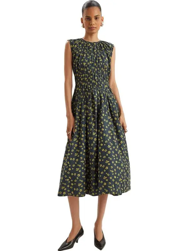 Merlette Villard Floral Print Midi Dress - Lemon Navy Floral Print