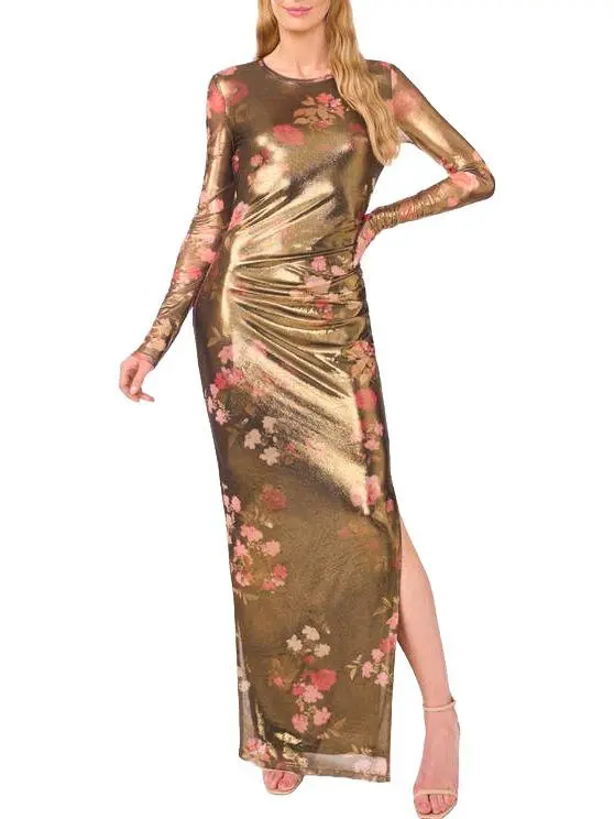 Ted Baker London Metallic Floral Long Sleeve Maxi Dress - Red Dahlias