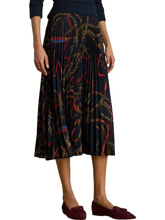 Ralph Lauren Printed Pleated Georgette Midi Skirt - Navy Multi