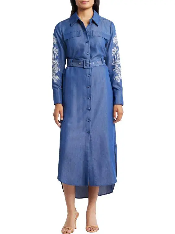 Sam Edelman Embroidered Long Sleeve Shirt Dress - Denim