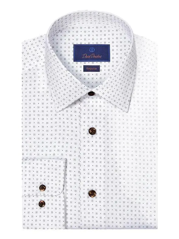 David Donahue Regular Fit Neat Print Cotton Herringbone Dress Shirt - White/chocolate