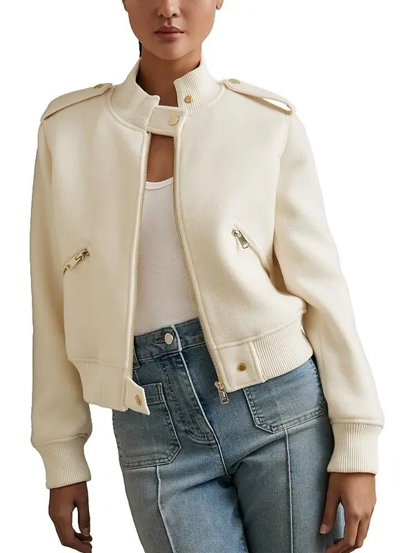 REISS Cleo Wool Bomber Jacket - Cream