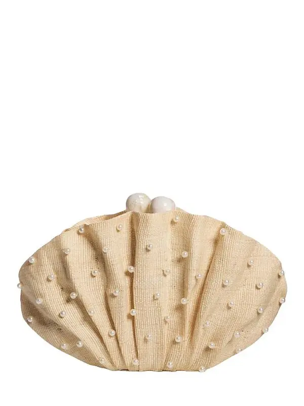 Poolside Folded Clutch With Faux Pearl Embroidery - Natural