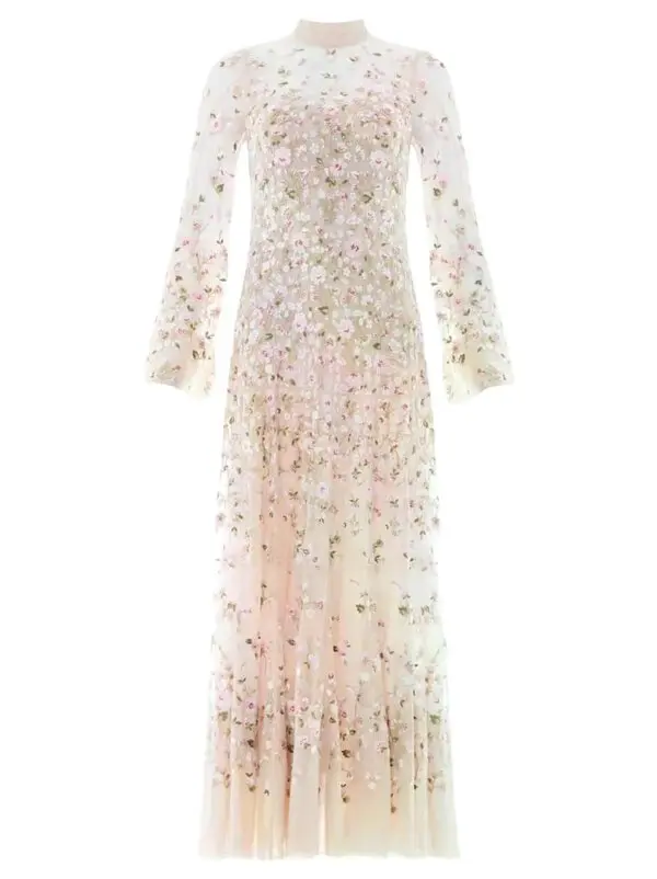 NEEDLE & THREAD Floral-embellished Long-sleeve Midi Dress - Neutrals